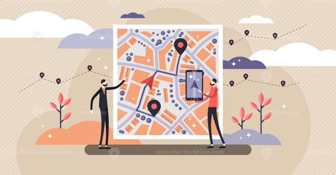 Tracking GPS location in map with navigation position tiny persons ...