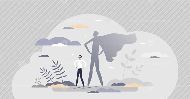 Superhero male as professional strong and brave leader tiny person ...