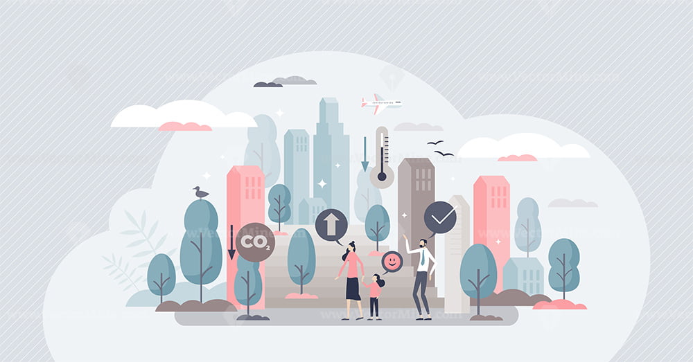 Urban forestry cityscape with trees and benefit symbols tiny person ...