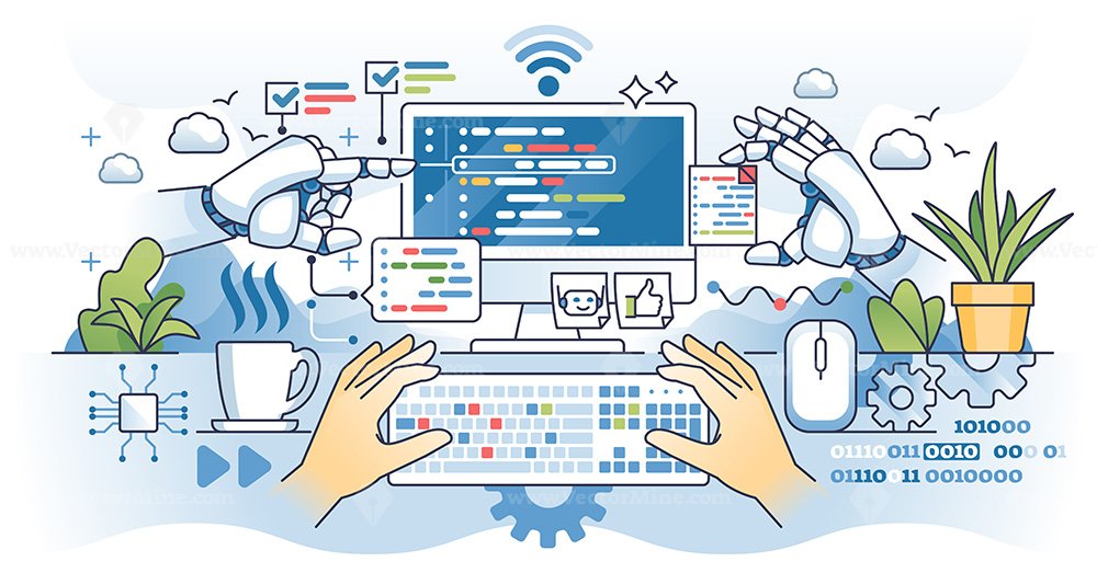 AI for coding and software developing automation outline hands concept ...