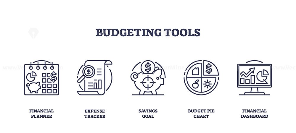 Outline icons set of budgeting tools including financial planner ...