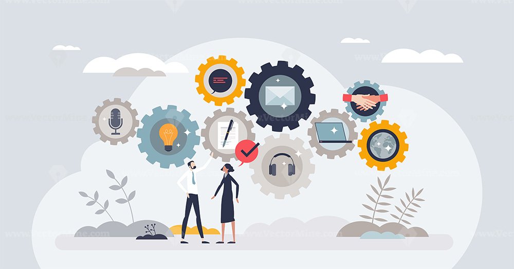 Elements of business communication and conversation tiny person concept ...