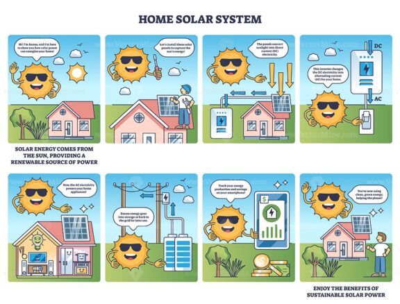 Home solar power system timeline for energy production outline diagram ...