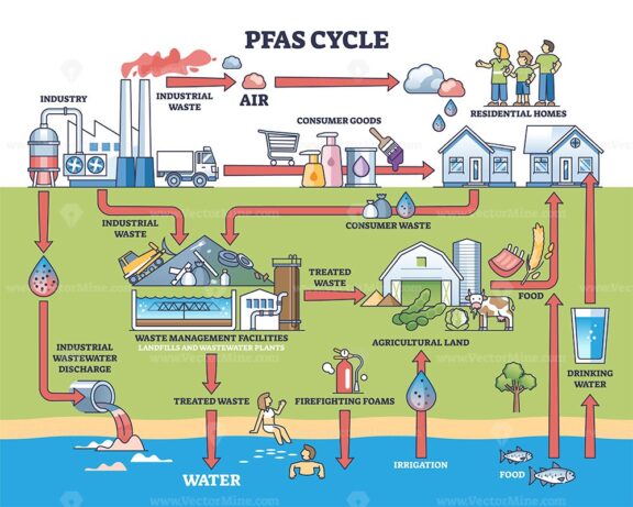 PFAS in water concept with icons of contamination, analysis, and health ...
