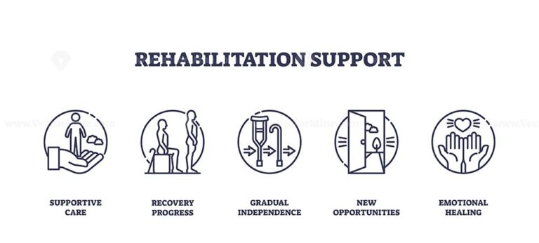 Rehabilitation support is shown with outline icons of care, recovery ...
