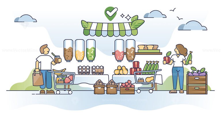 Shopping organic and buy green, raw and ecological groceries outline ...